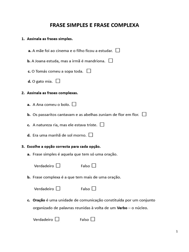 Exercícios Sobre Frase Simples e Frase Complexa | PDF