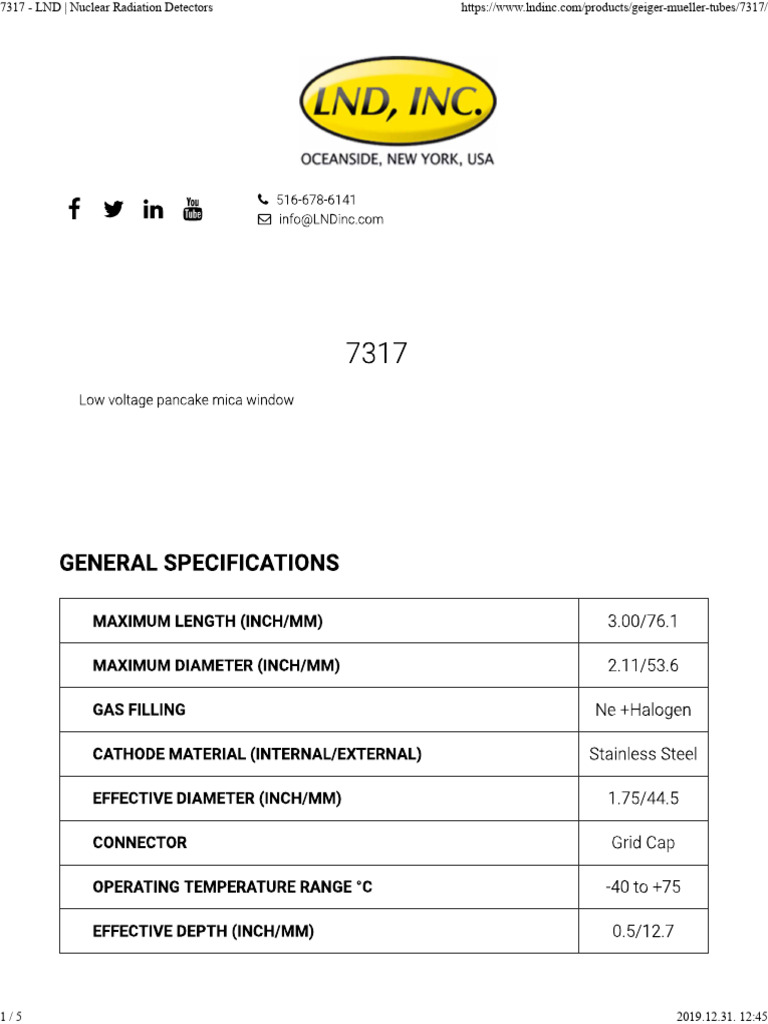 LND 7317 Geiger-Mueller Tube | PDF | Technology & Engineering