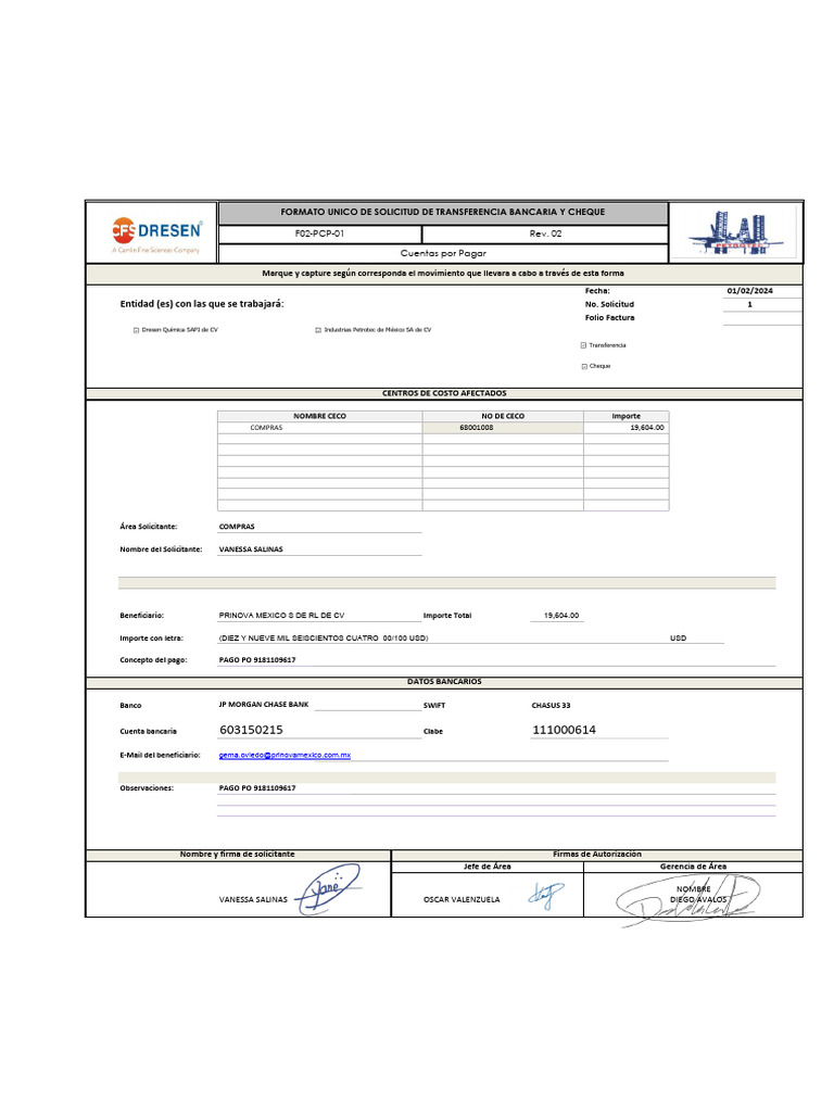 Pago a Prinova México S de RL de CV | PDF | Transferencia bancaria ...