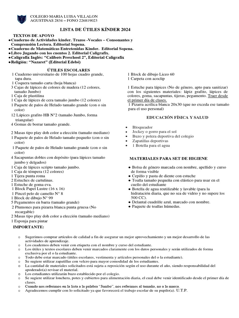 Lista de Útiles Kínder 2024 - Colegio María Luisa Villalón | PDF ...