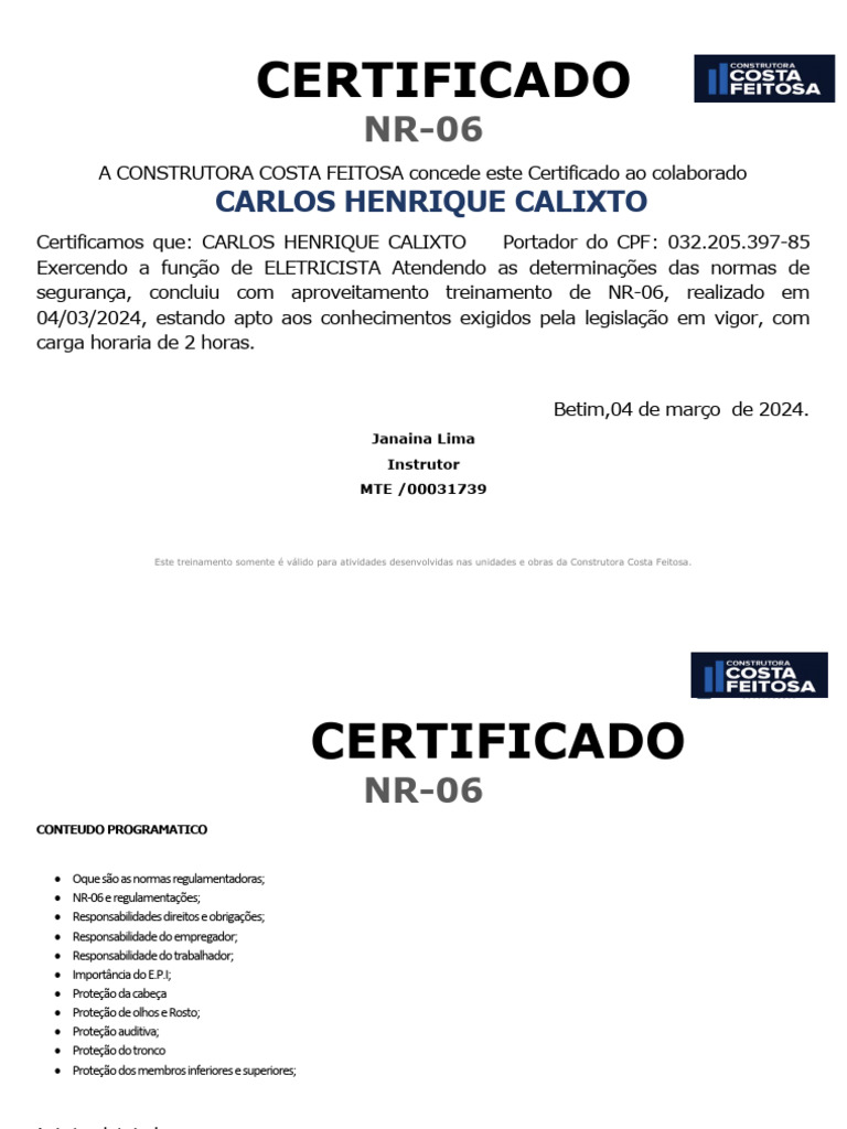 Certificado - Modelo. Nr-06 | PDF
