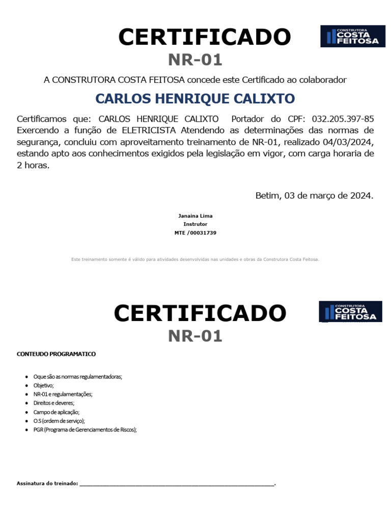 CERTIFICADO - MODELO. NR-01 | PDF