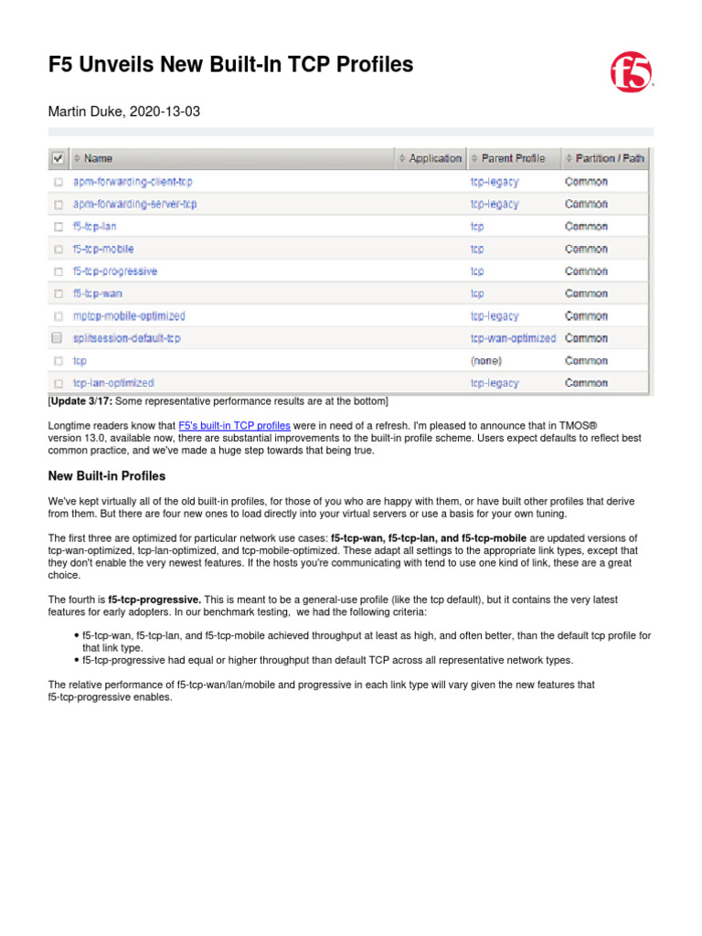 F5 Unveils New Built-In TCP Profiles | PDF | Transmission Control Protocol | Telecommunications