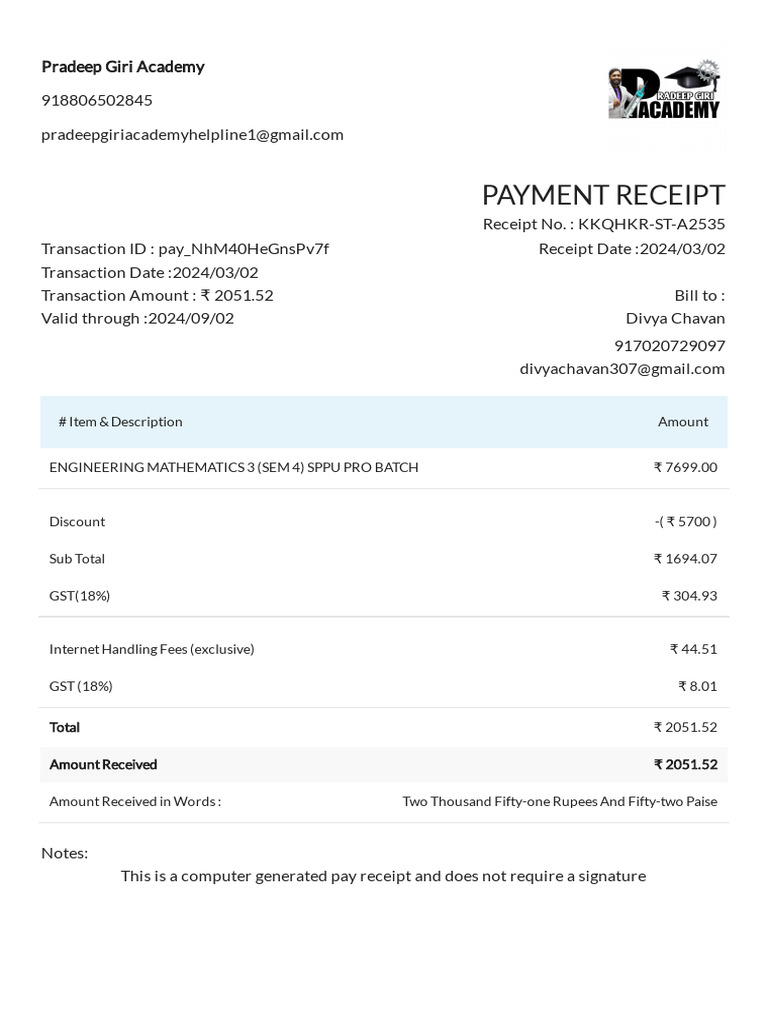 Pradeep Giri Academy Payment Receipt | PDF
