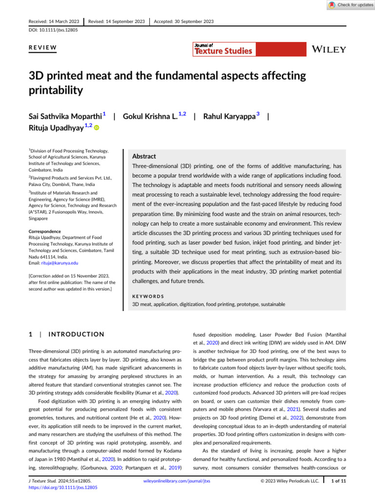 Journal of Texture Studies - 2023 - Moparthi - 3D printed meat and the fundamental aspects ...