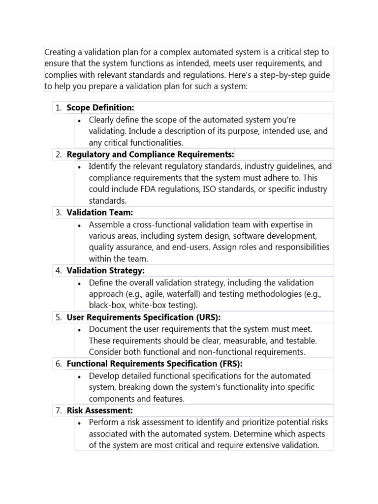 Creating A Validation Plan For A Complex Automated System Is A Critical Step To Ensure That The ...