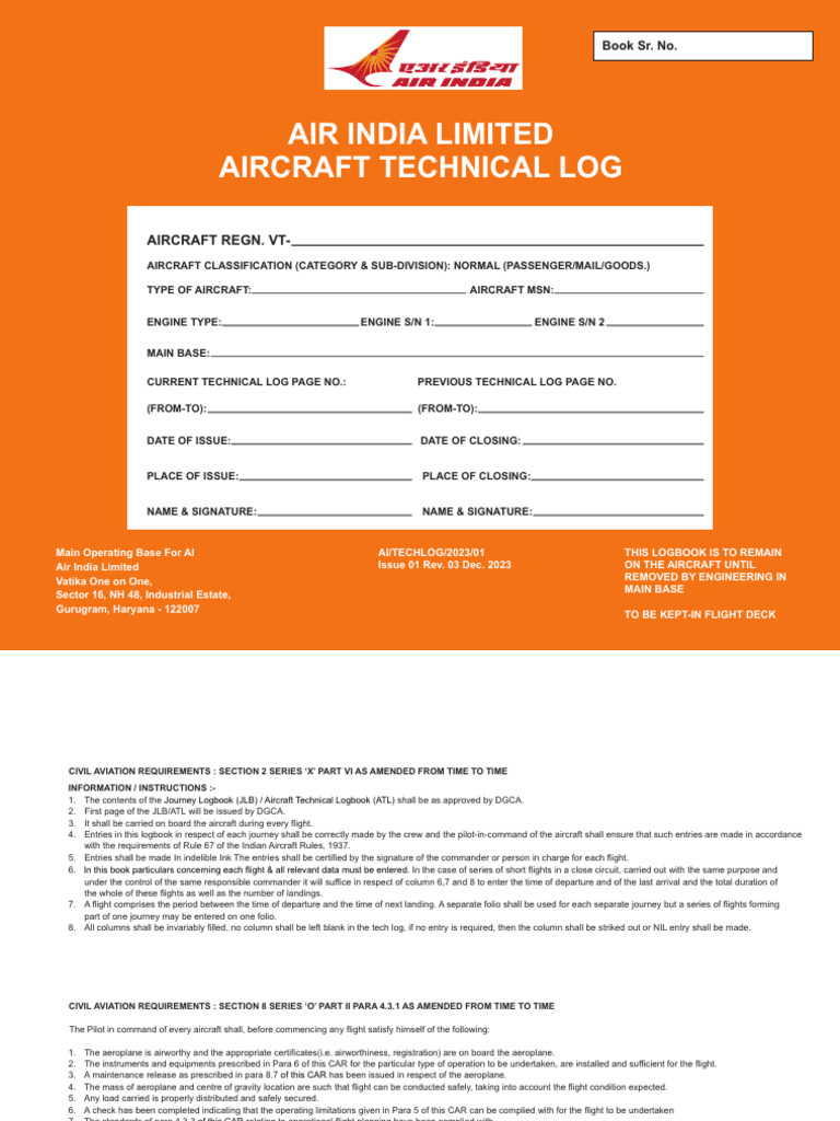 Air India Techlog Book 7 Dec. 2023 | PDF | Aerospace | Aeronautics