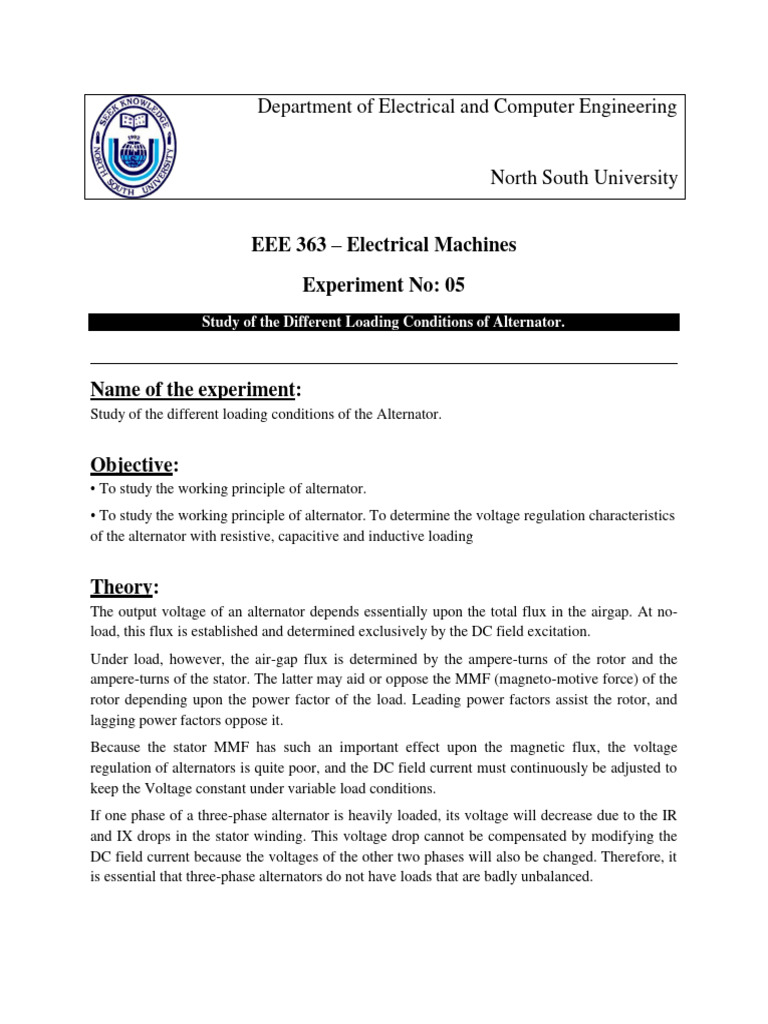 EEE363 (Exp 5) Study of The Different Loading Conditions of Alternator ... EEE363 (Exp 5) Study of The Different Loading Conditions of Alternator ...