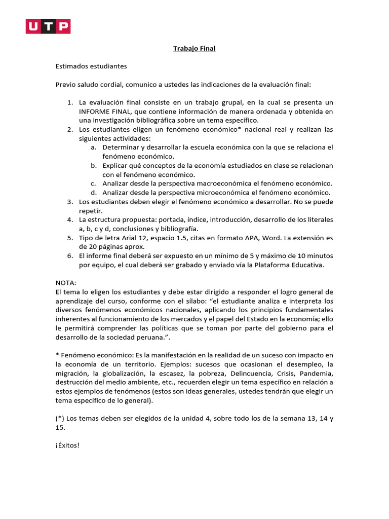 Semana 18 - Indicaciones Trabajo Final | PDF | Macroeconómica | Bibliografía
