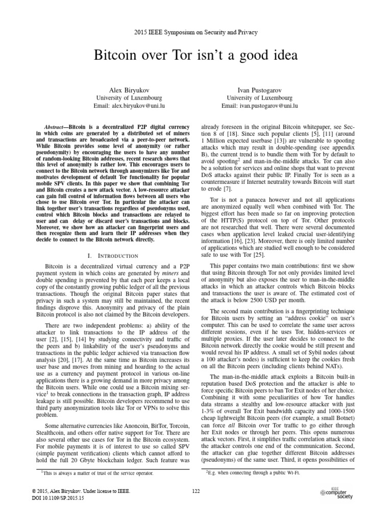 Bitcoin Over Tor Isn't A Good Idea | PDF | Bitcoin | Peer To Peer