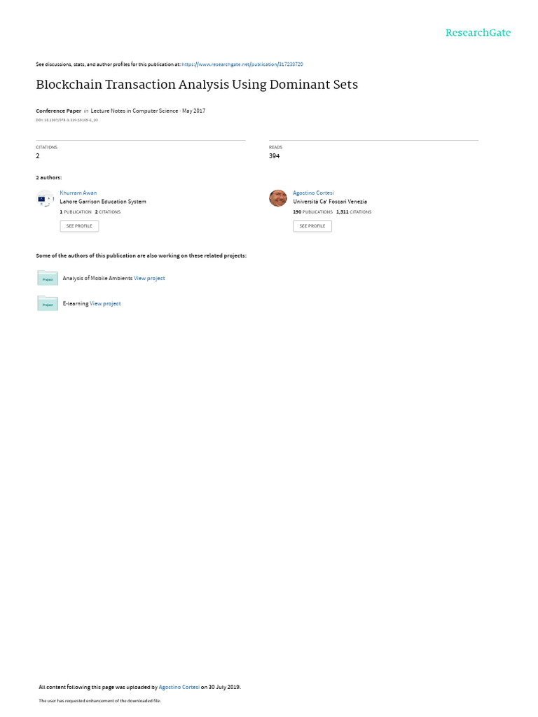 Blockchain Transaction Analysis Using Dominant Sets | PDF | Cluster Analysis | Theoretical ...