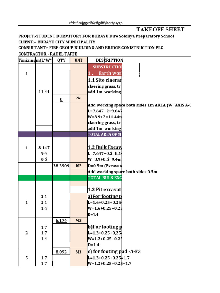 Takeoff Sheet: 1, Earth Work & Excavation | PDF