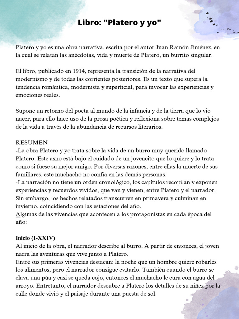 Resumen Platero y Yo | PDF | Narración