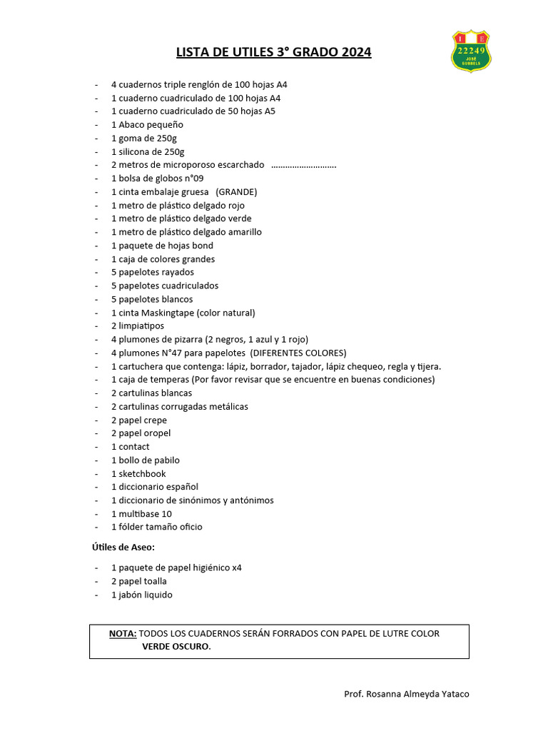 Lista de Utiles 2024 | PDF