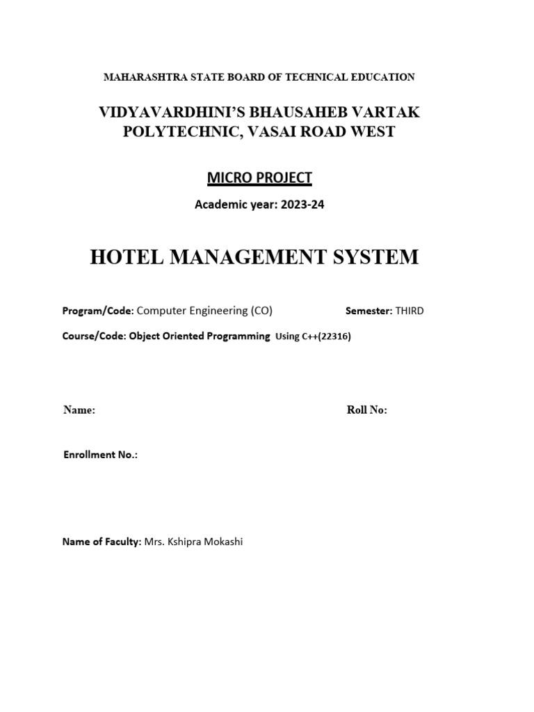 Hotel Management System C++ Project | PDF | Object Oriented Programming | C++