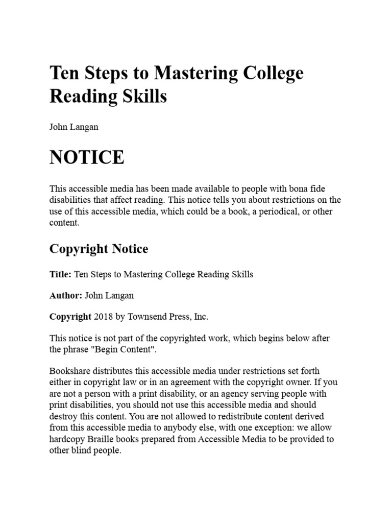 Ten Steps To Mastering College Reading Skills | PDF | Reading ...