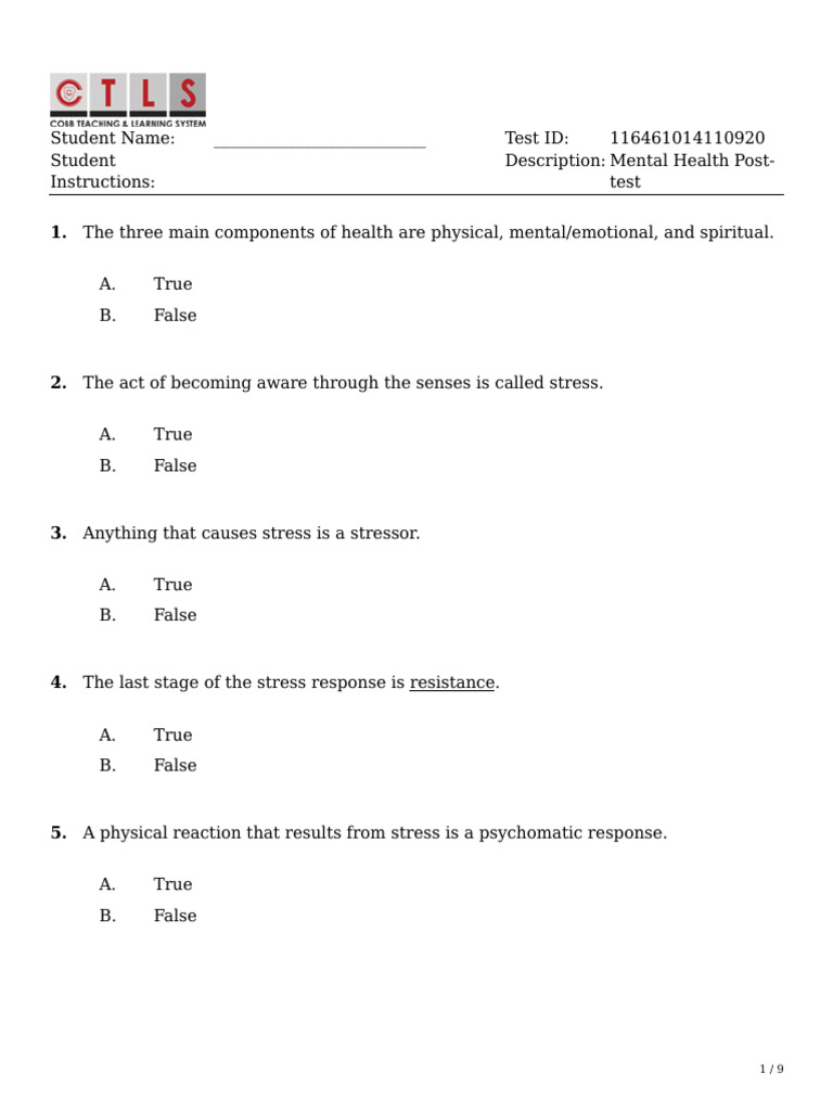 Mental Health Post-Test Overview | PDF | Stress (Biology) | Mental Disorder