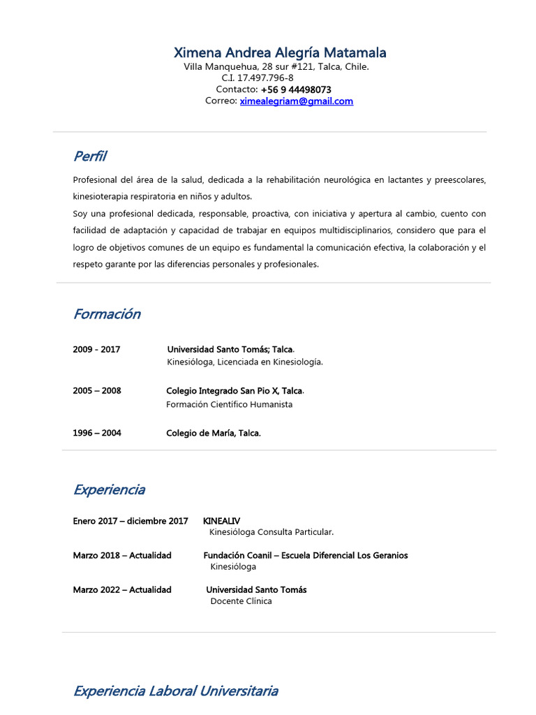 Curriculum Ximena Alegria | PDF | Especialidades Medicas | Medicina CLINICA