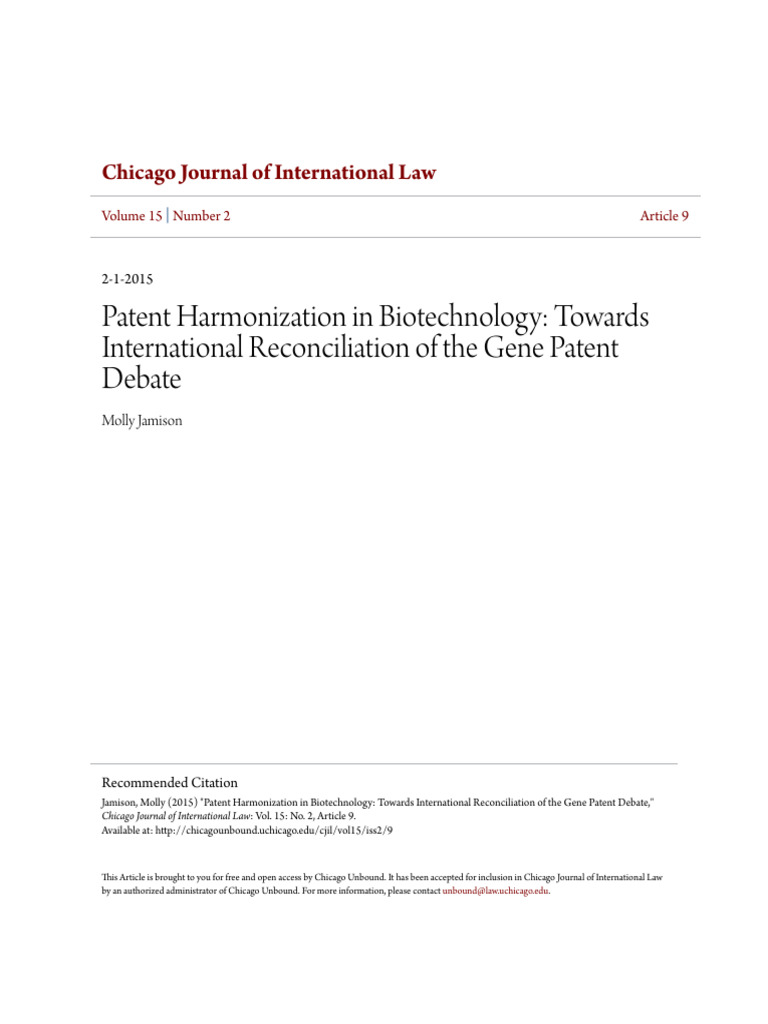 Patent Harmonization in Biotechnology Towards Intl Reconciliation of ...