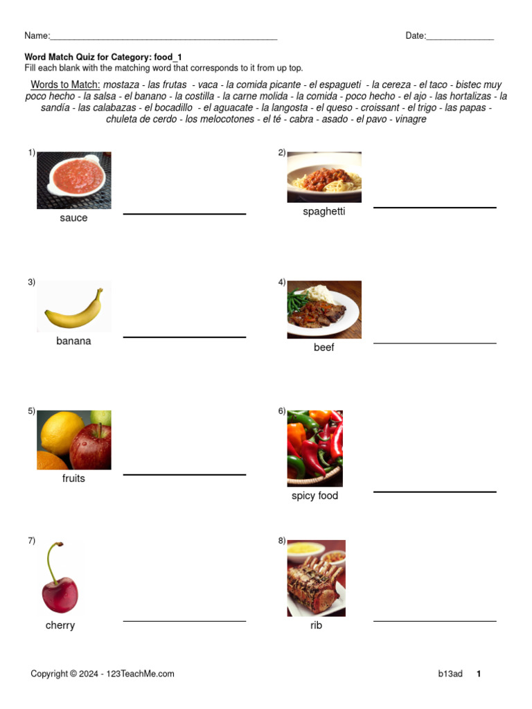 Food 1-Word Match | PDF | filete | Comida y bebida