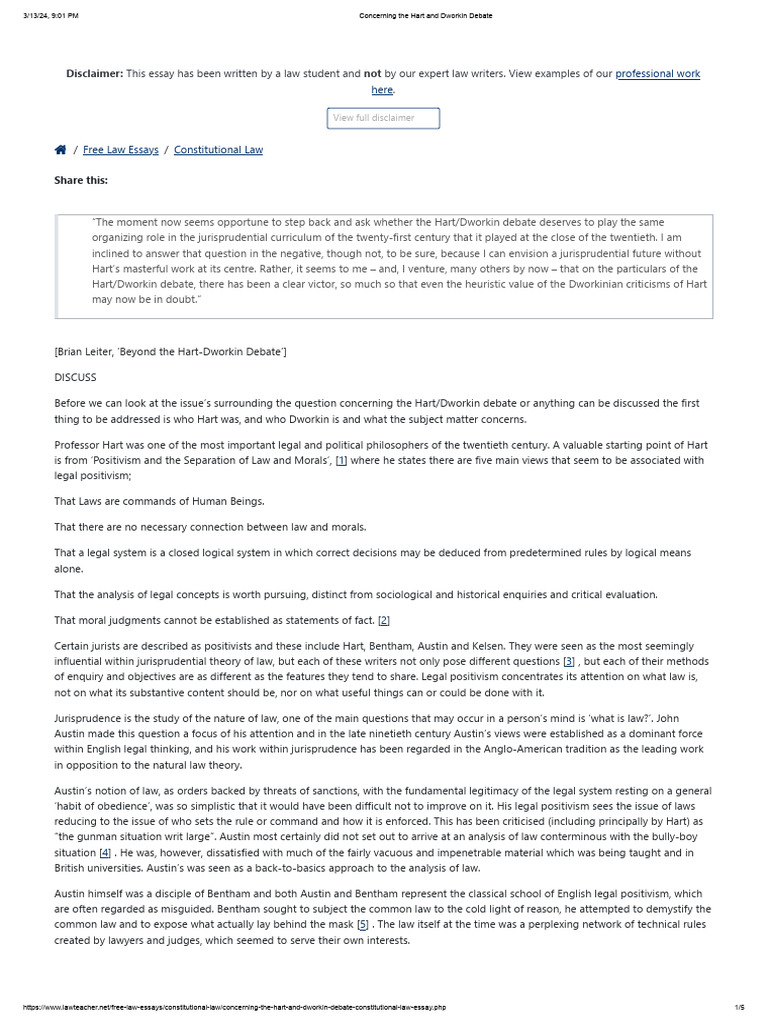 Concerning The Hart and Dworkin Debate | PDF | Jurisprudence | Morality