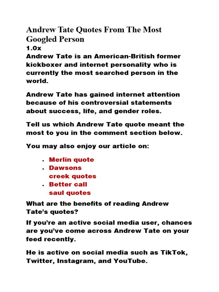 Andrew Tate Quotes From The Most Googled Person Pdf Social Media
