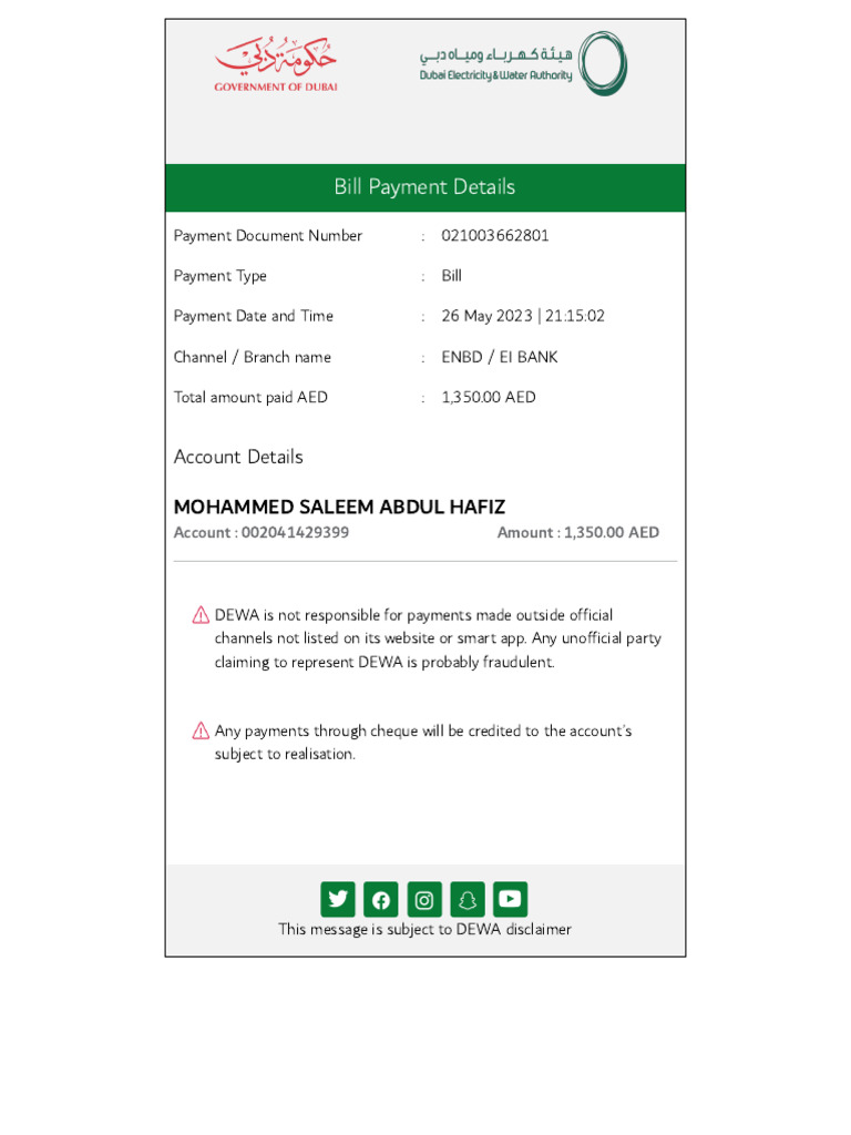 Dubai Electricity & Water Authority (DEWA) - Payment Receipt | PDF