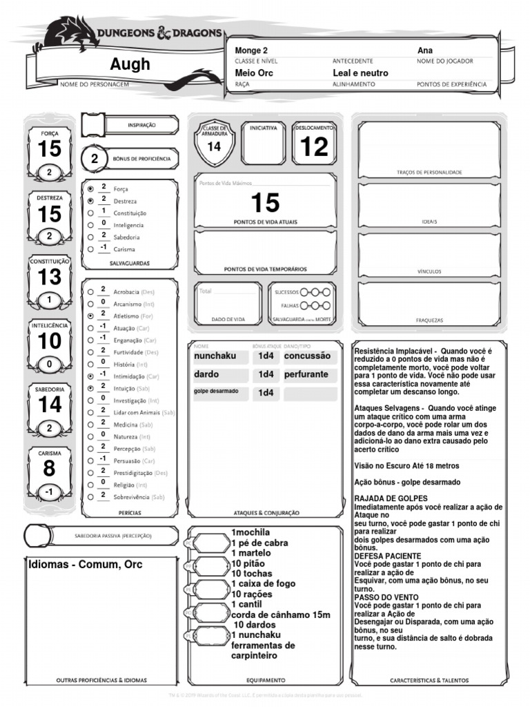 Ficha Oficial D&D 5E Editável em Negrito - Augh | PDF