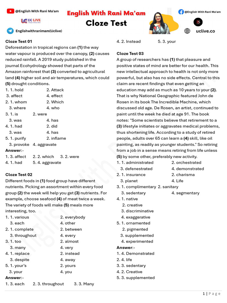 Cloze Test 01 Cloze Test 03 | PDF | Eye | Mental Disorder