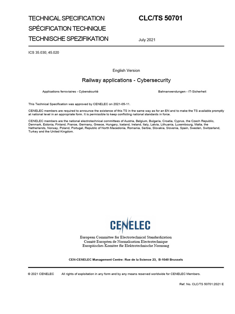 CLC/TS 50701 Railway Cybersecurity Overview | PDF | Security | Computer ...