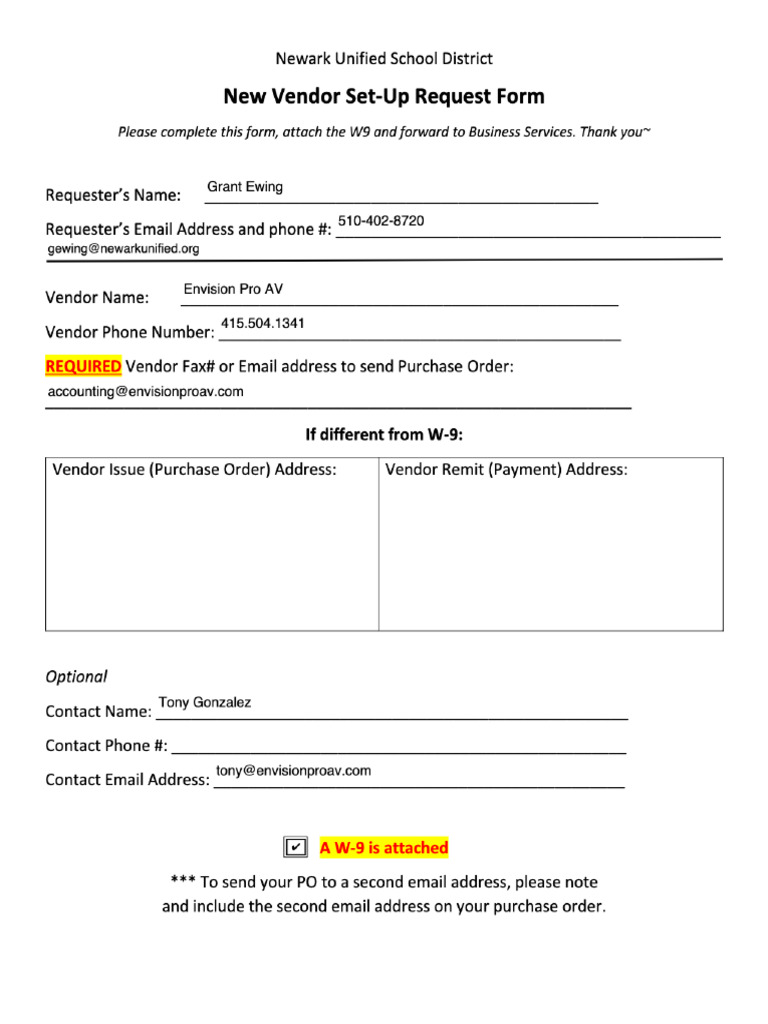 New Vendor Request Form - Sample | PDF