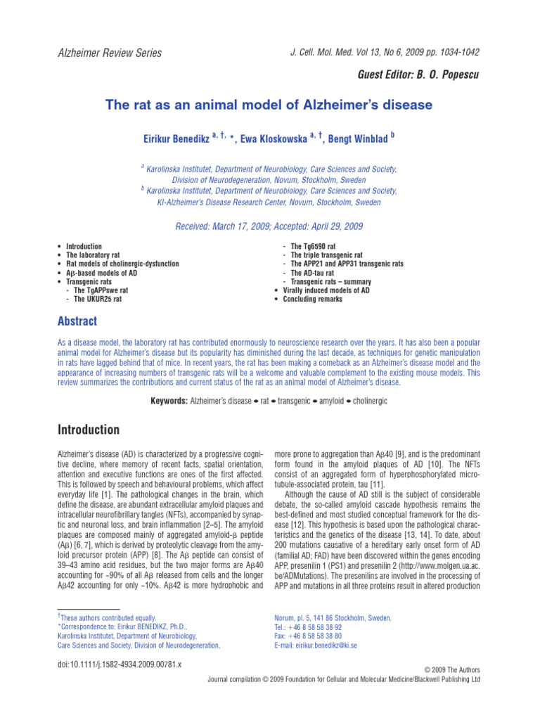 The Rat As An Animal Model of Alzheimer's Disease | PDF | Model ...