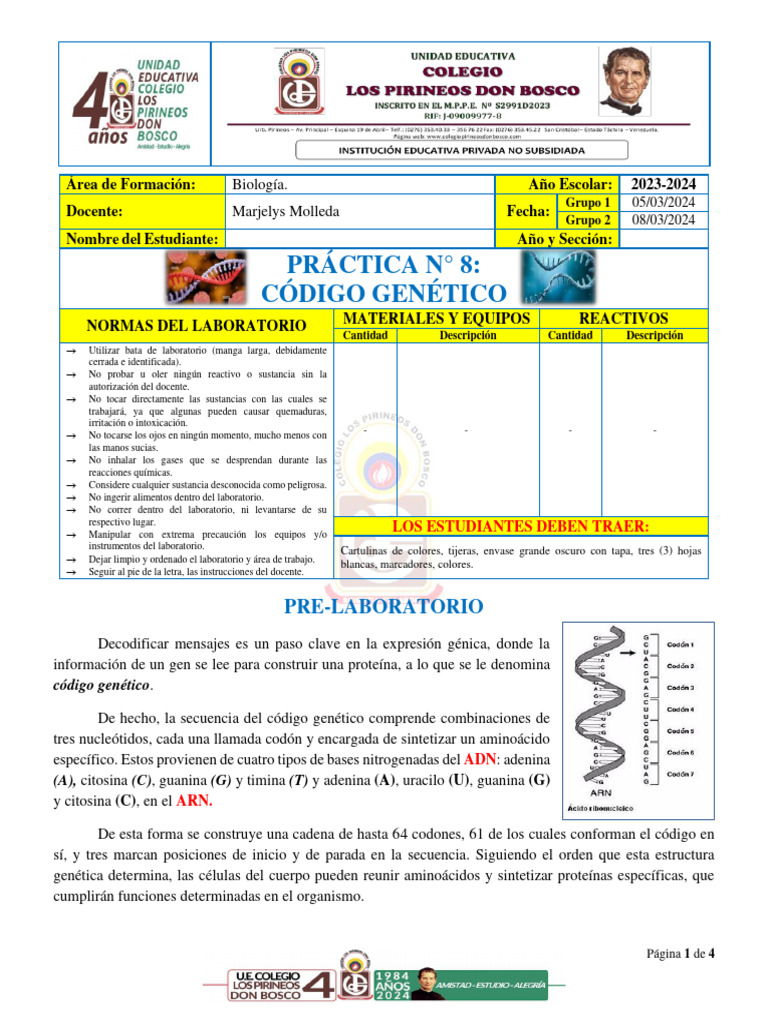 Práctica de Laboratorio Nº 8 Biología 5º Año - A.A. 2023-2024 | PDF | Codigo genetico | Genética