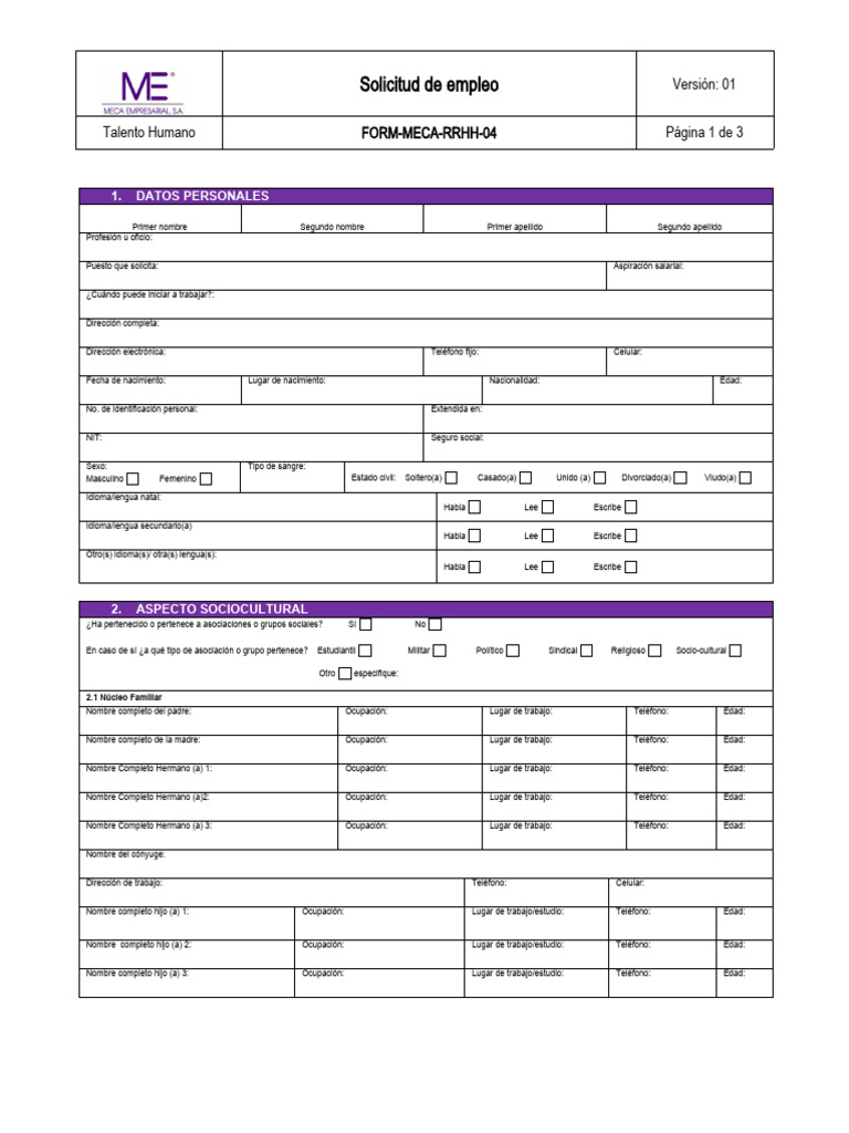 Solicitud de Empleo Meca | PDF
