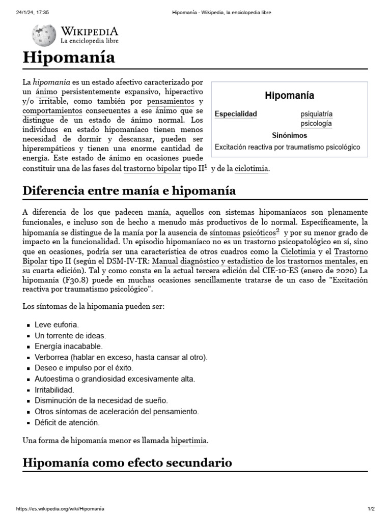 Hipomanía - Wikipedia, La Enciclopedia Libre | PDF | Desorden bipolar ... Hipomanía - Wikipedia, La Enciclopedia Libre | PDF | Desorden bipolar ...