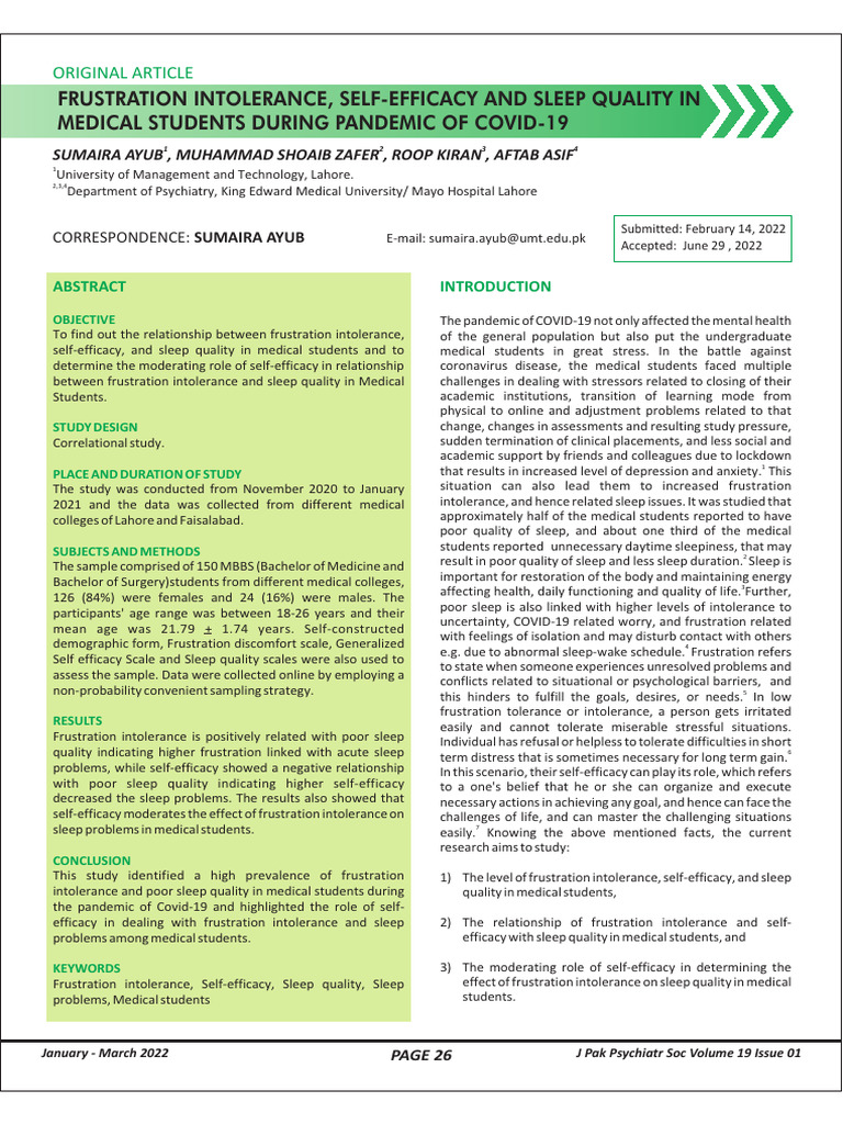 Frustration Intolerance, Self-Efficacy and Sleep Quality in Medical ...