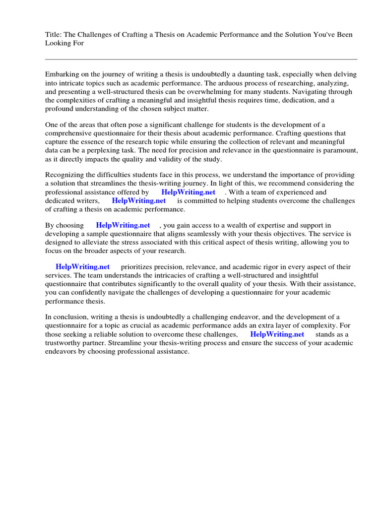Sample Questionnaire For Thesis About Academic Performance | PDF ...