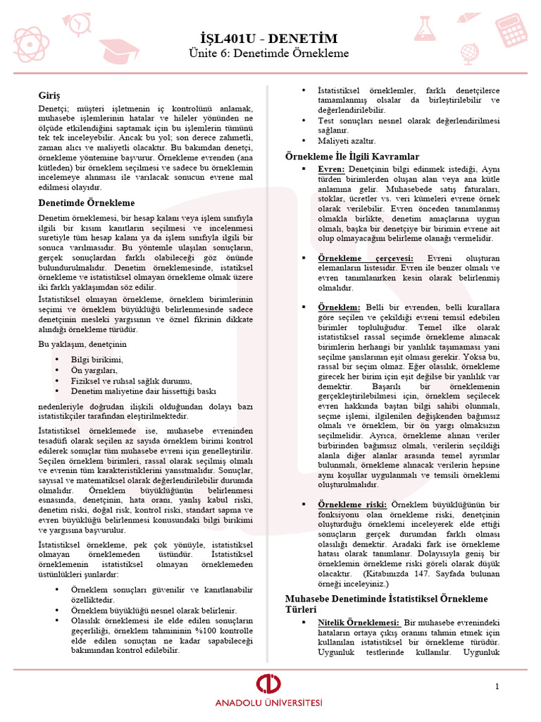 İşl401U - Denetim: Ünite 6: Denetimde Örnekleme | PDF