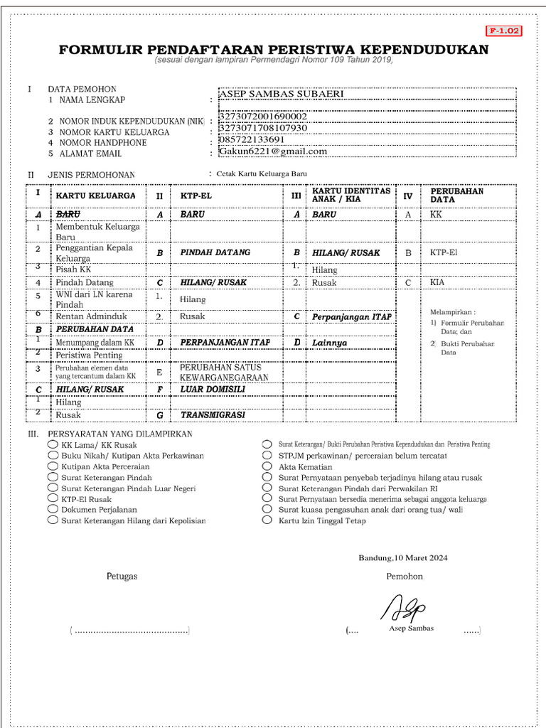 F-1.02 Formulir Pendaftaran Peristiwa Kependudukan | PDF
