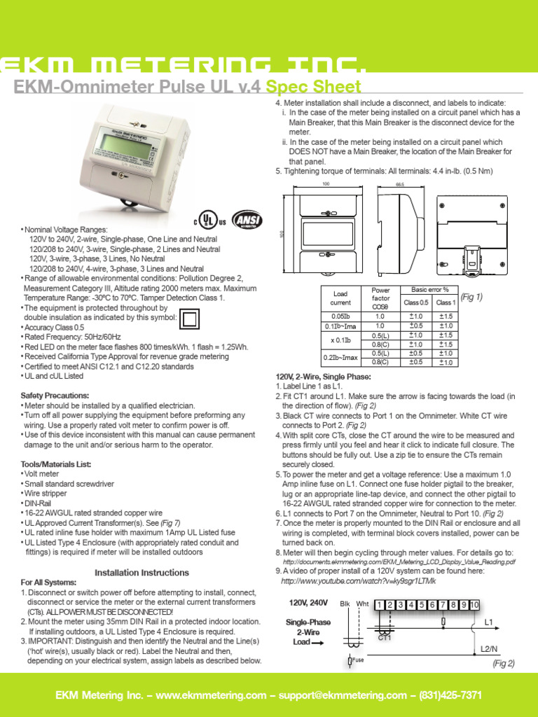 EKM Omnimeter Pulse UL v4 Spec Sheet | PDF | Relay | Fuse (Electrical)