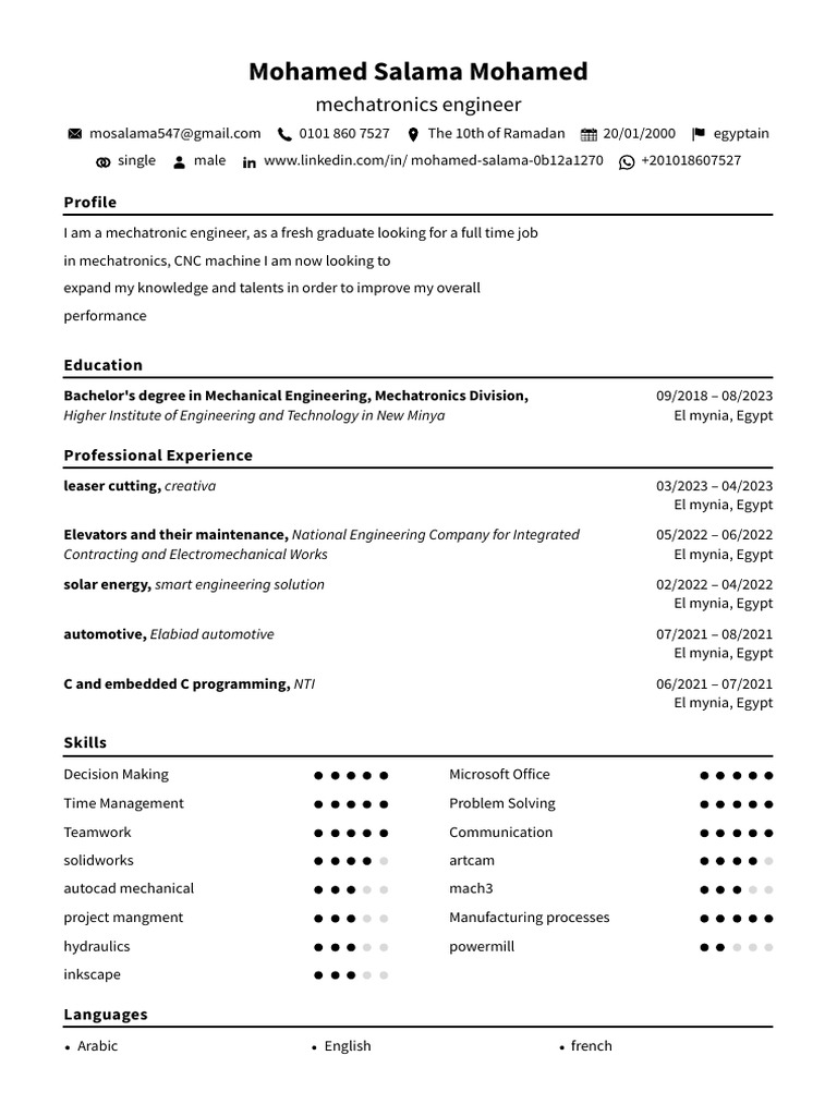Mohamed+Salama+Mohamed Resume | PDF | Mechatronics | Engineering