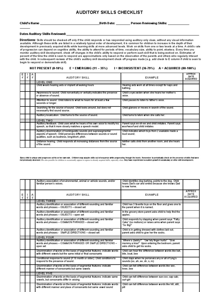 Auditory Skills Checklist 2010 | PDF | Wellness