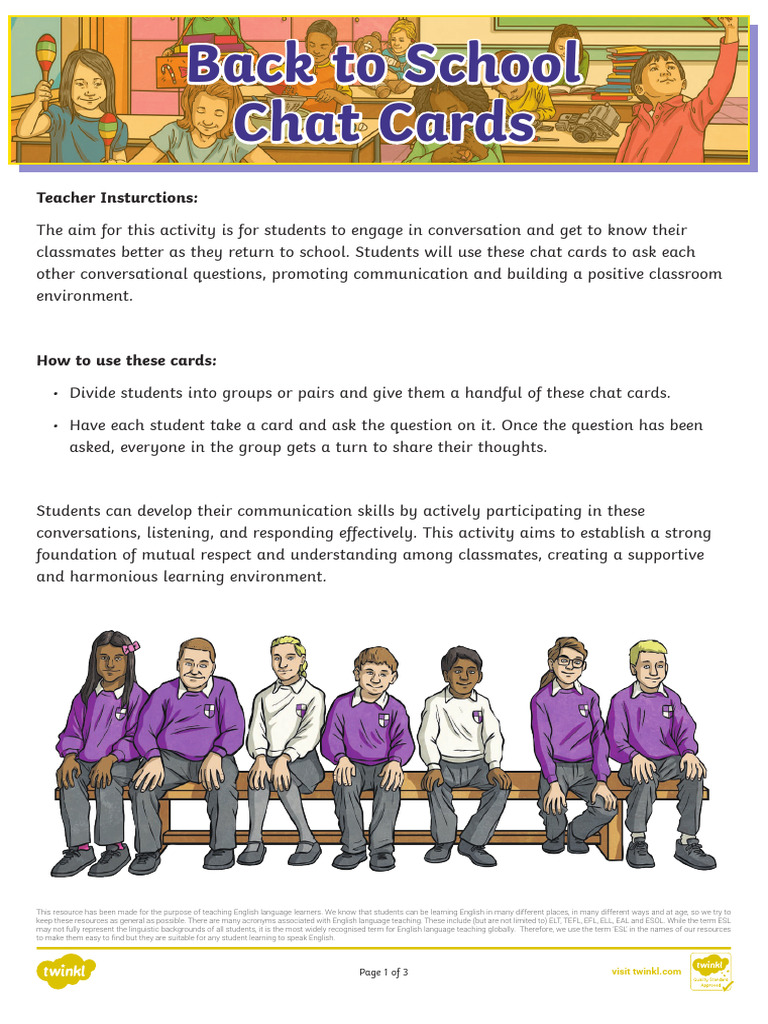 Back to School Conversation Cards | PDF | English As A Second Or ...