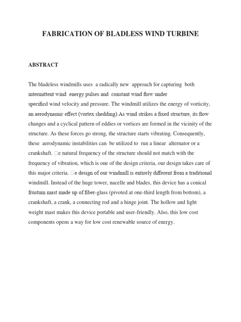 Bladeless Wind Turbine Design and Benefits | PDF | Wind Turbine | Vortices