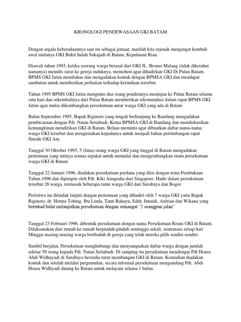 Kronologis GKI Batam - Sampai Menjadi Jemaat Dewasa | PDF