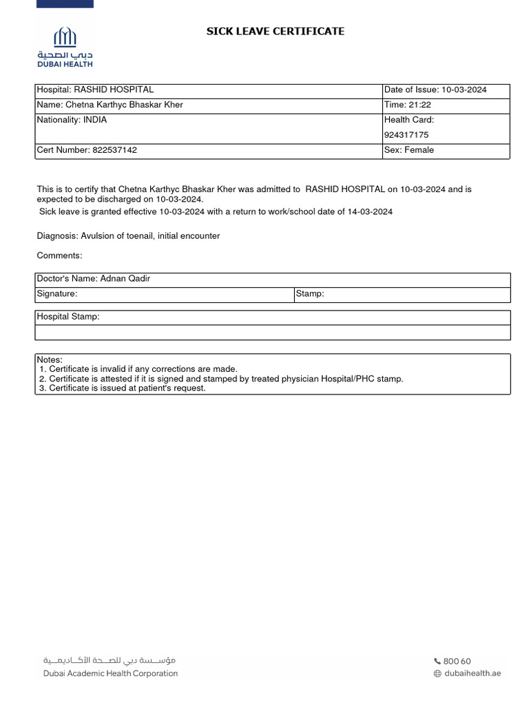 Sick Leave Certificate 1710132108693 | PDF