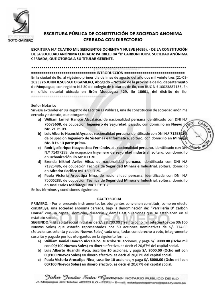 Escritura Pública de Constitucion de Sociedad Anonima Cerrada Con Directorio | PDF | Dividendo ...