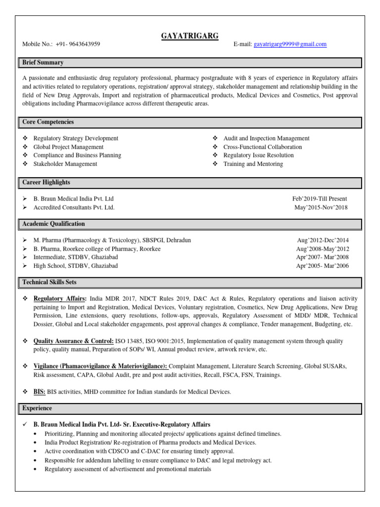 Gayatri+Garg+Resume 230814 133917 | PDF | Medical Device | Regulatory Compliance