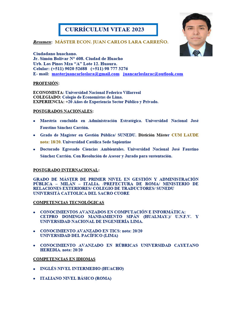 Curriculum 2023 - Vitae - Juan Carlos Lara | PDF | Lima | Economias
