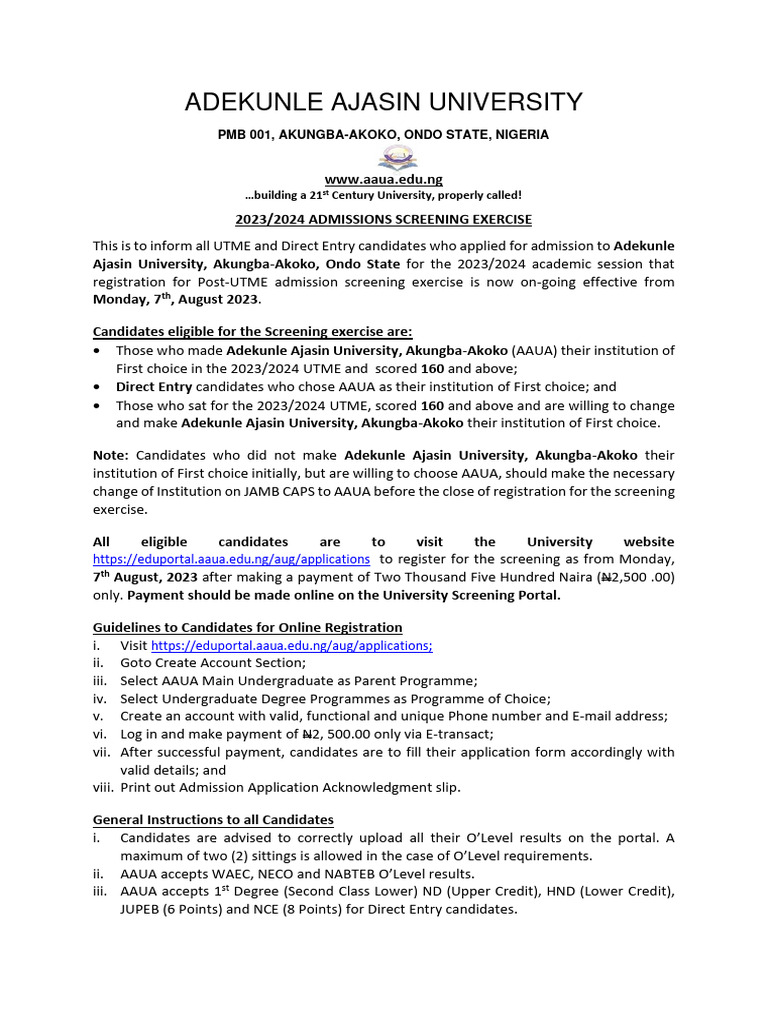 2023-2024 Post Utme Screening Advertisement | PDF | Social Sciences ...